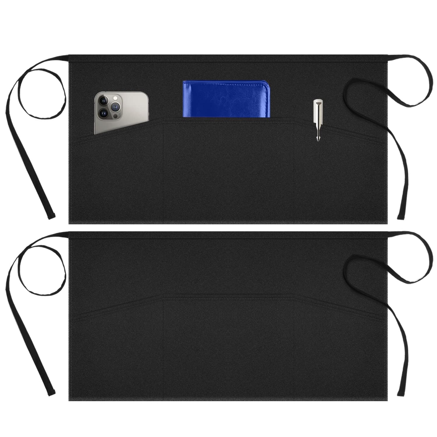 Syntus 2 Pack Server Apron with 3 Pockets, Waterdrop Resistant Waitress Waiter Waist Apron, 11.5-inch Black