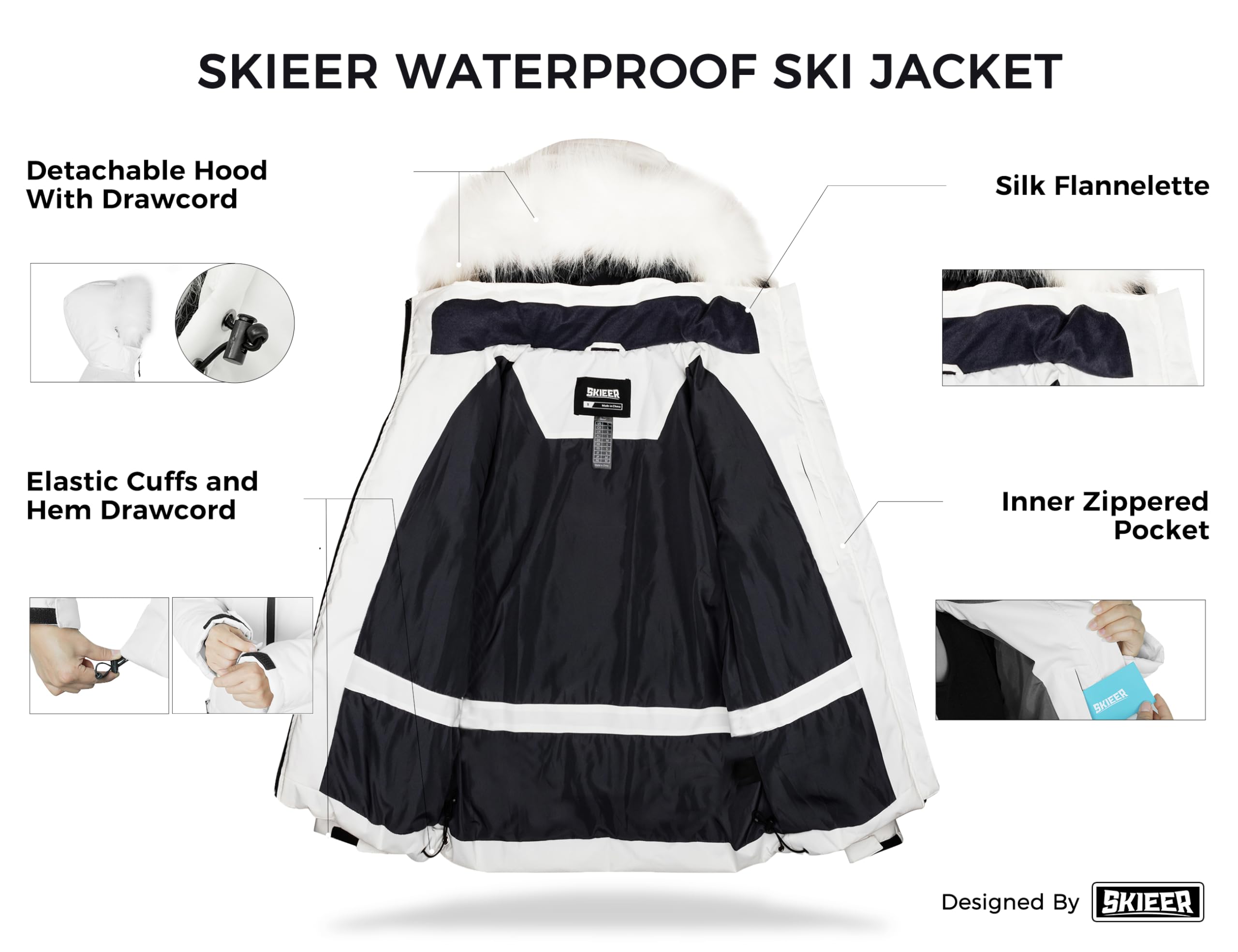 Skieer Women's Snow Jacket Hooded Soft Insulated Winter Ski Snowboard Coat(White,X-Large)