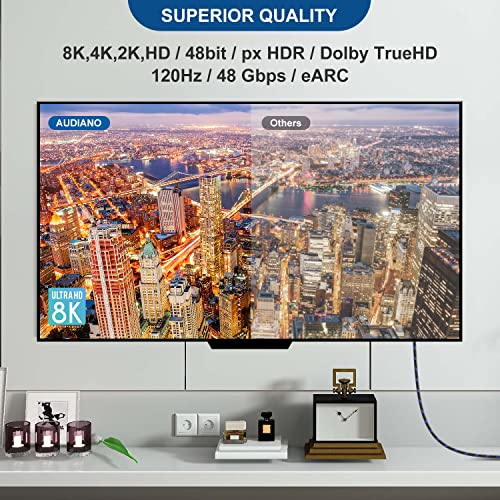 AUDIANO 8K HDMI 2.1 Cable, 48 Gbps Ultra High Speed 3D Nylon Braided Cord, Supports 8K 60Hz 4K 120Hz 144Hz, eARC Dolby Vision HDR 10, HDCP 2.2 2.3, Compatible with Roku/PS4/PS5/Blu-ray(6.6ft/2M)