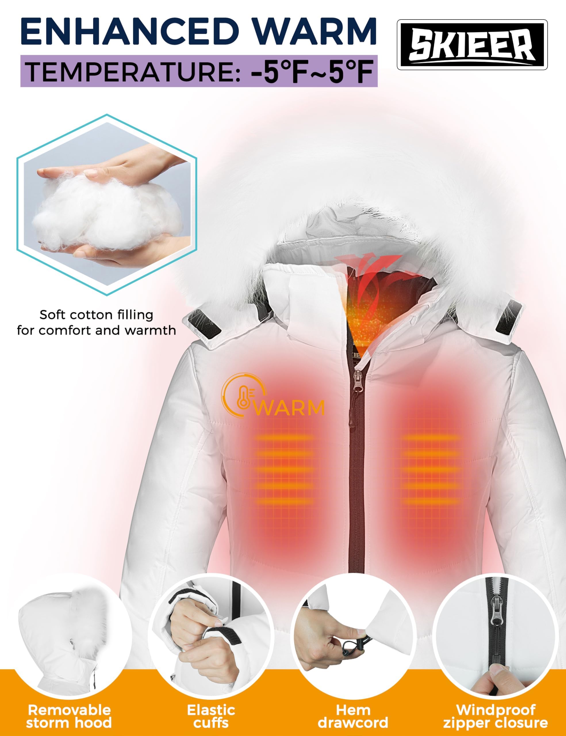 Skieer Women's Snow Jacket Hooded Soft Insulated Winter Ski Snowboard Coat(White,X-Large)