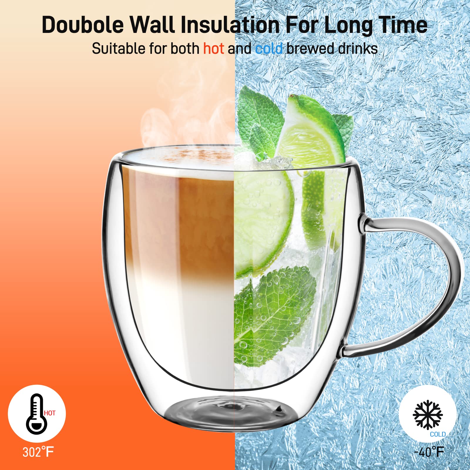 Dyserbuy Double Wall Glass Coffee Mugs Set of 4, 8.5oz Insulated Espresso Cups Coffee Cups, Drinking Glasses with Handle, Perfect for Latte,Cappuccino,Hot Chocolate,Tea and Juice