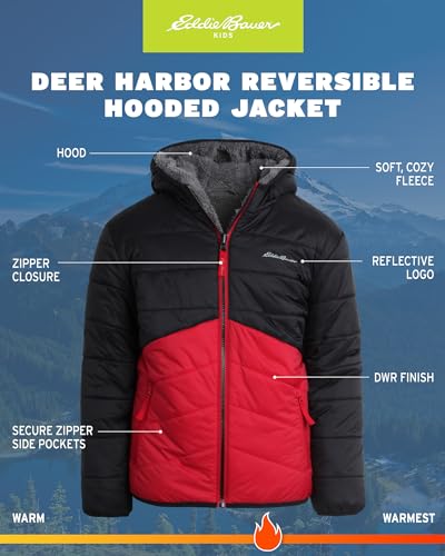 Eddie Bauer Boys' Reversible Jacket - Waterproof Lightweight Fleece Lined Hooded Puffer Coat - Boys Outerwear Jacket (5-20), Size 7-8, Chili Pepper