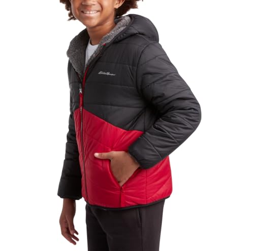 Eddie Bauer Boys' Reversible Jacket - Waterproof Lightweight Fleece Lined Hooded Puffer Coat - Boys Outerwear Jacket (5-20), Size 7-8, Chili Pepper