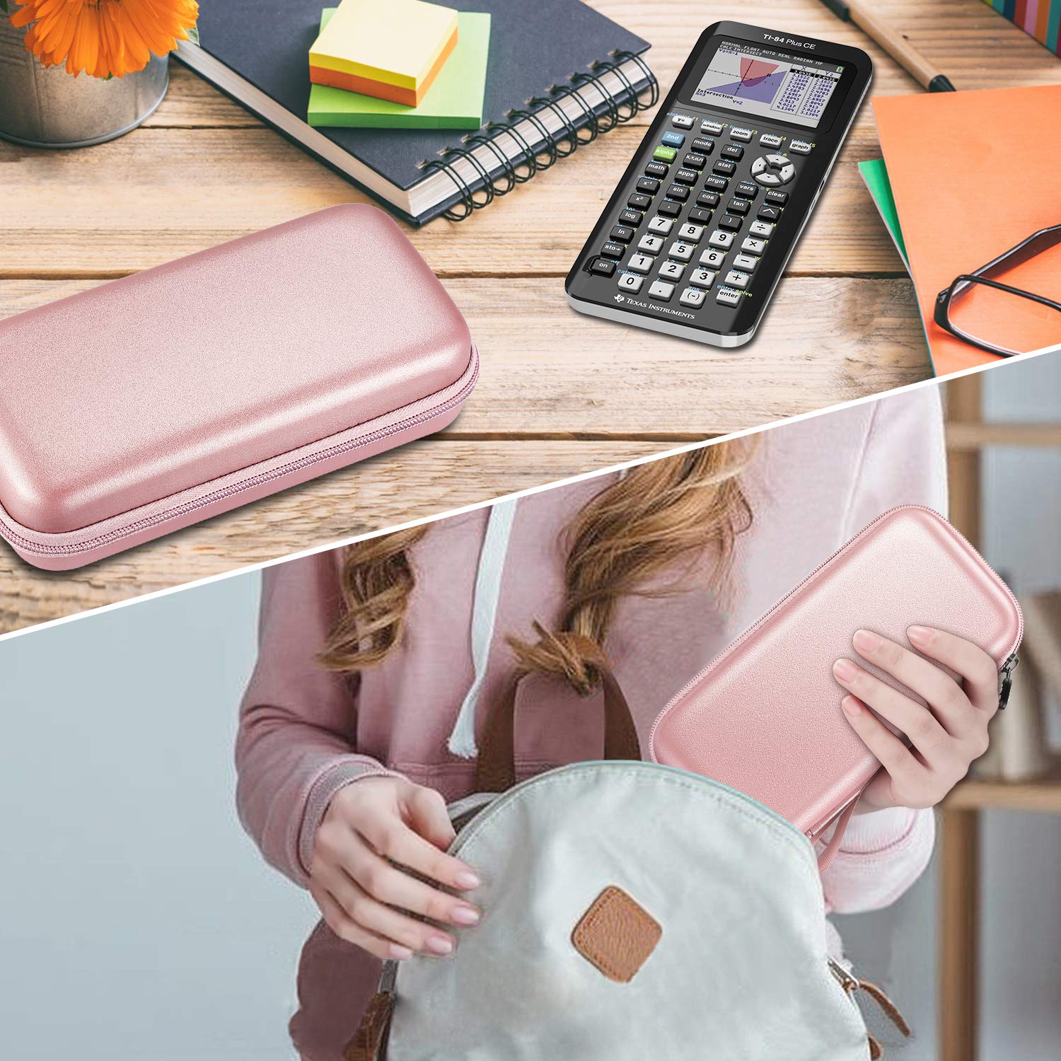 Graphing Calculator Carrying Case for TI-84 Plus CE, Fintie Hard EVA Shockproof Protective Box for TI-84 Plus/TI-83 Plus CE/Casio fx-9750GII (Rose Gold)