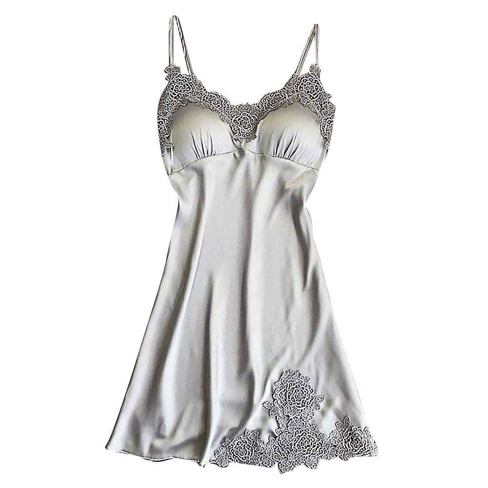 Aniywn Women Babydoll Nightgown Chemises Lace Lingerie Sleepwear Sexy V-Neck Full Slip Sleepdress Spaghetti Strap Nightdress Silver