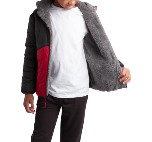 Eddie Bauer Boys' Reversible Jacket - Waterproof Lightweight Fleece Lined Hooded Puffer Coat - Boys Outerwear Jacket (5-20), Size 7-8, Chili Pepper