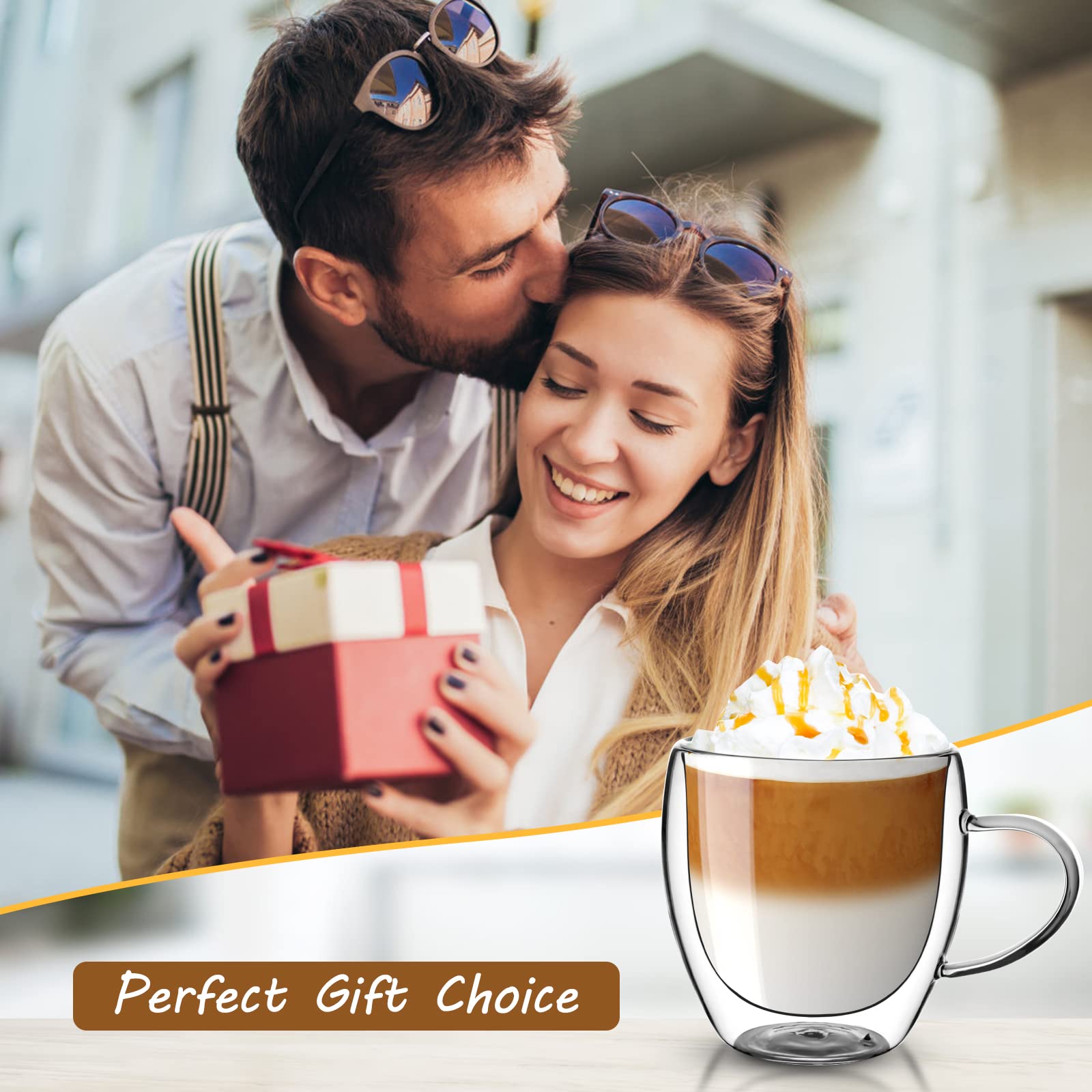 Dyserbuy Double Wall Glass Coffee Mugs Set of 4, 8.5oz Insulated Espresso Cups Coffee Cups, Drinking Glasses with Handle, Perfect for Latte,Cappuccino,Hot Chocolate,Tea and Juice