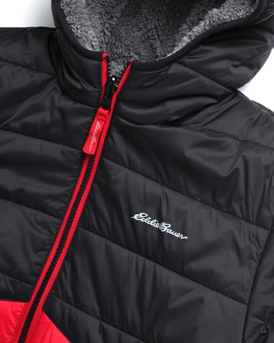 Eddie Bauer Boys' Reversible Jacket - Waterproof Lightweight Fleece Lined Hooded Puffer Coat - Boys Outerwear Jacket (5-20), Size 7-8, Chili Pepper
