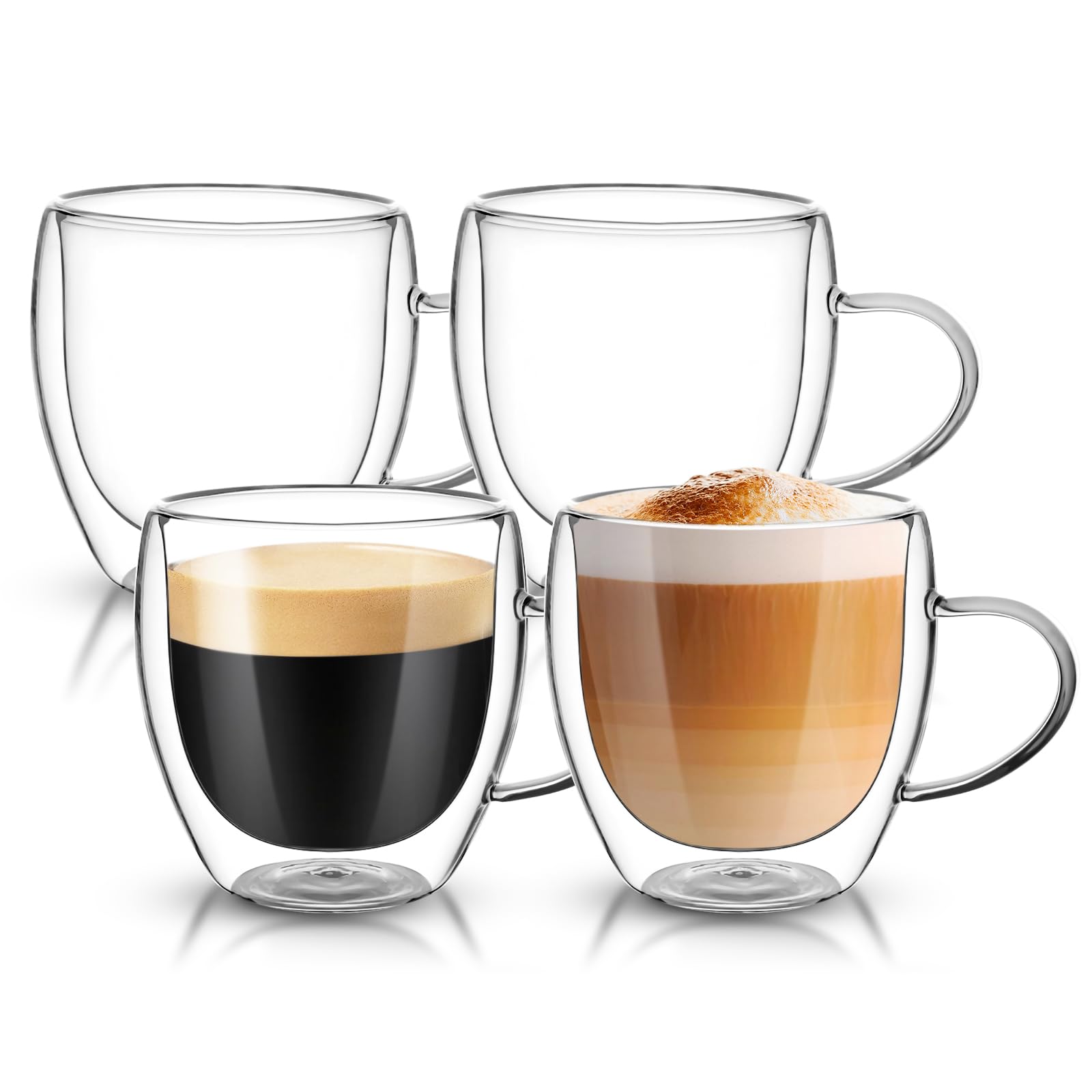 Dyserbuy Double Wall Glass Coffee Mugs Set of 4, 8.5oz Insulated Espresso Cups Coffee Cups, Drinking Glasses with Handle, Perfect for Latte,Cappuccino,Hot Chocolate,Tea and Juice