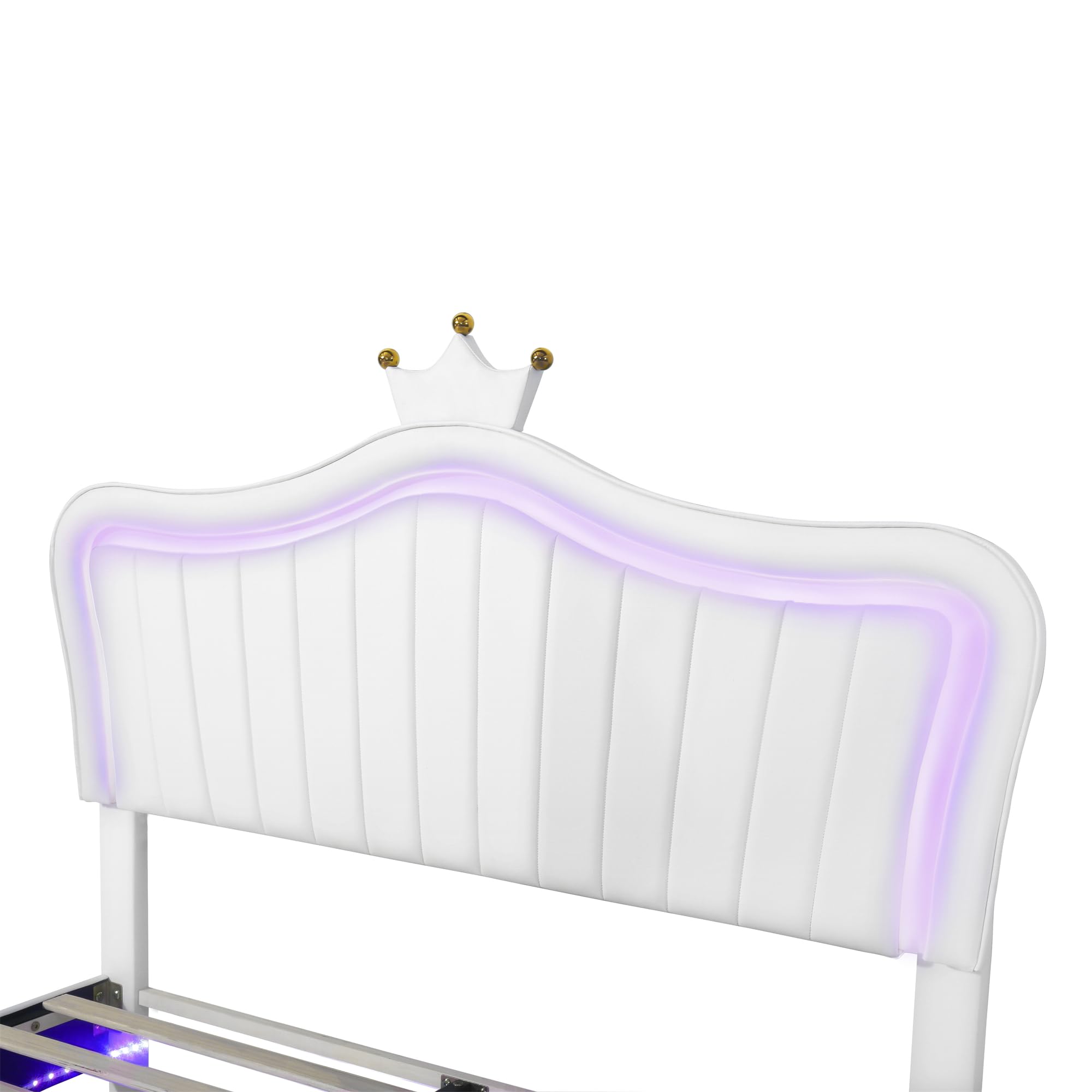 CITYLIGHT Queen Size Upholstered Princess Bed with Crown Headboard, Wood Cute Kids Bed Frame Queen with LED Lights and Metal Legs for Girls, No Box Spring Required (Queen,White)