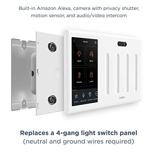 Brilliant Smart Home Control (4-Switch Panel) β Alexa Built-In & Compatible with Ring, Sonos, Hue, Google Nest, Wemo, SmartThings, Apple HomeKit β In-Wall Touchscreen Control for Lights, Music, & More