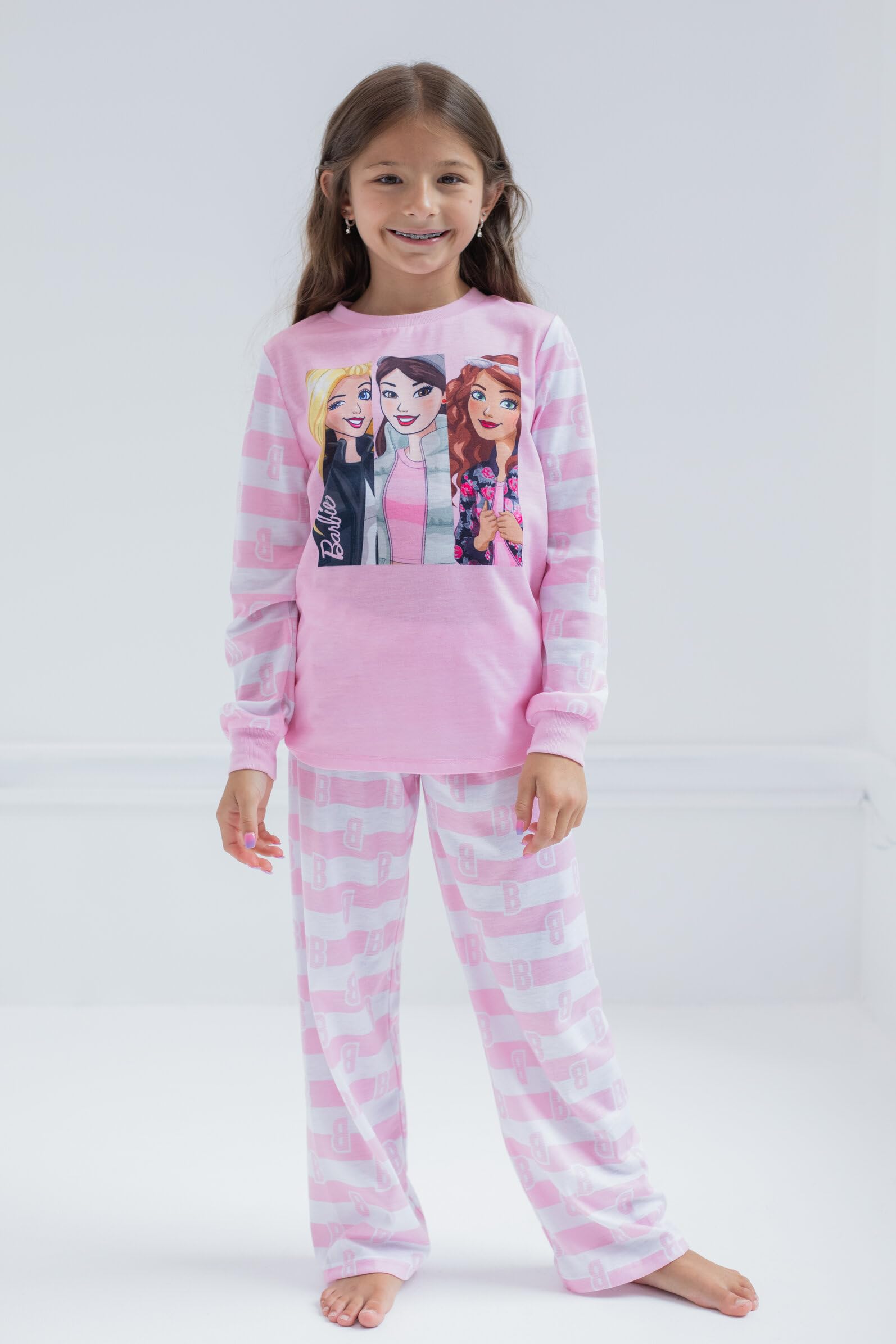 Barbie Little Girls Pajama Shirt Pants and Slippers 3 Piece Pink 7-8