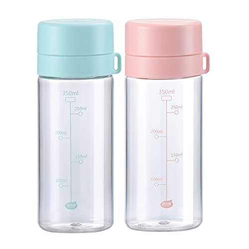 SEAYIN 12oz Kids Small Water Bottle for School Lunch Plastic Reusable Juice Cute Mini Crunch Cups Portable Cereal Refillable Milk Mug for Smoothie Coffee Tea Snacks Drinks Beverage (350ml, Blue Pink)