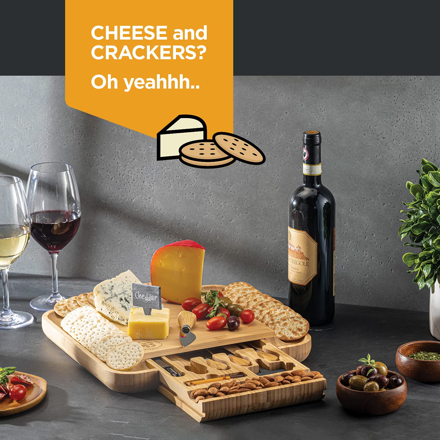Premium Bamboo Cheese Board: Large Charcuterie Boards Set Including 4 Stainless Steel Knife & Wine Opener - Cheese Platter & Serving Tray - Ideal Valentines Day Gifts, Housewarming Gift, Wedding Gifts