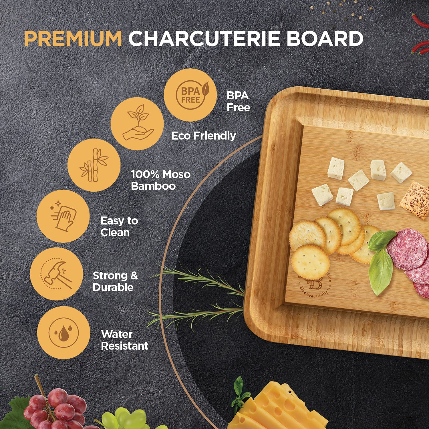 Premium Bamboo Cheese Board: Large Charcuterie Boards Set Including 4 Stainless Steel Knife & Wine Opener - Cheese Platter & Serving Tray - Ideal Valentines Day Gifts, Housewarming Gift, Wedding Gifts