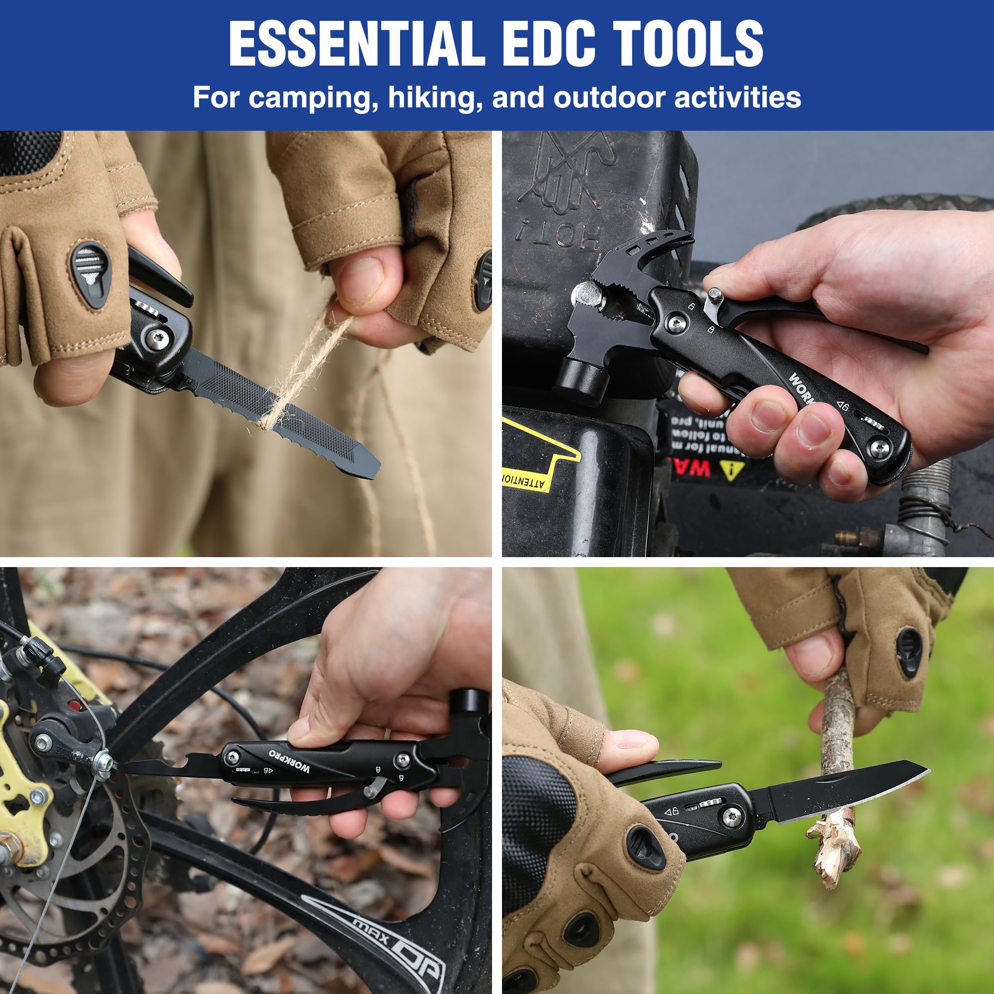 WORKPRO Multitool-12 in 1 Camping Tools with Mini Hammer-EDC Gear Multi Tools Hammer with Safety Lock and Pouch-Mini Multitools Gifts for Men and Women