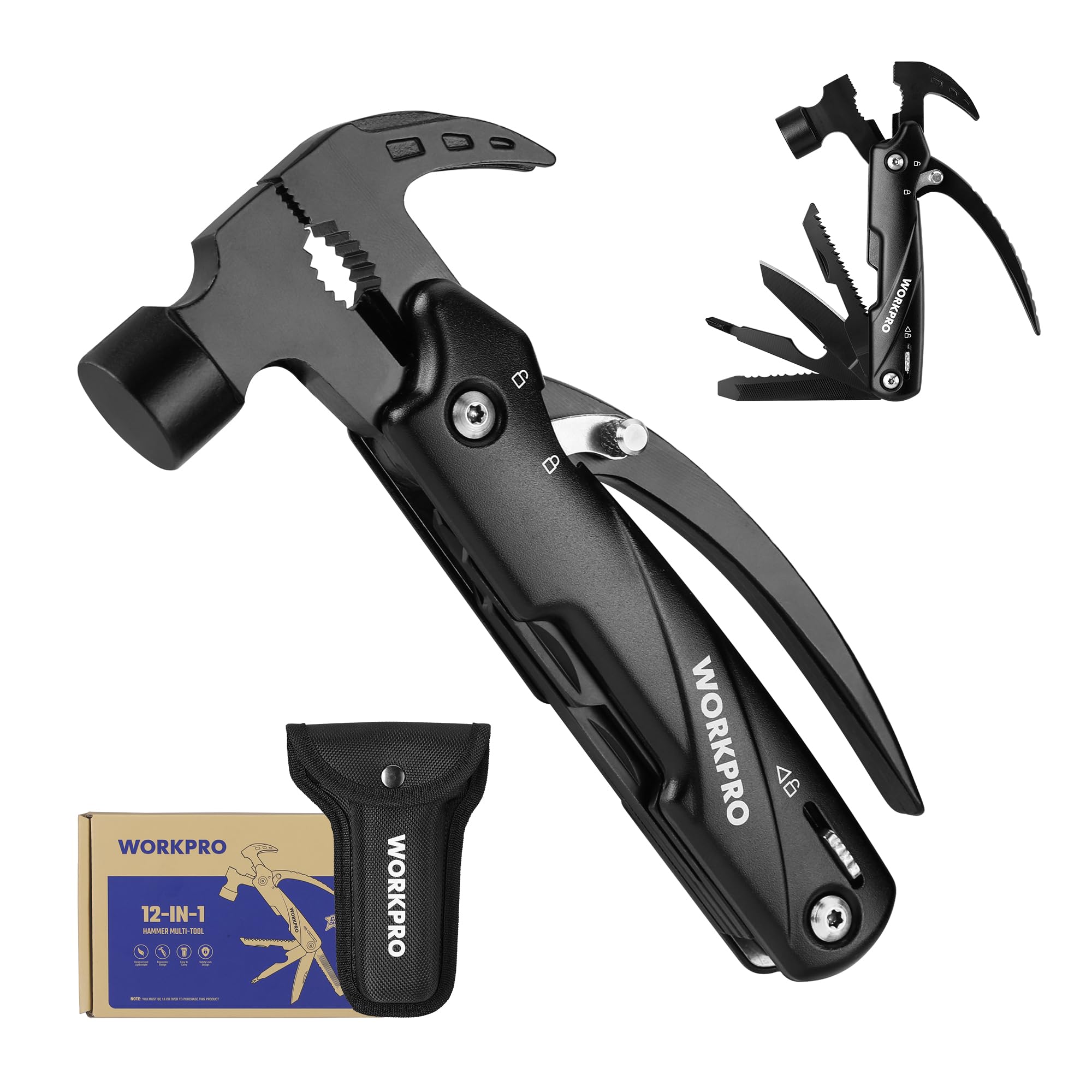 WORKPRO Multitool-12 in 1 Camping Tools with Mini Hammer-EDC Gear Multi Tools Hammer with Safety Lock and Pouch-Mini Multitools Gifts for Men and Women