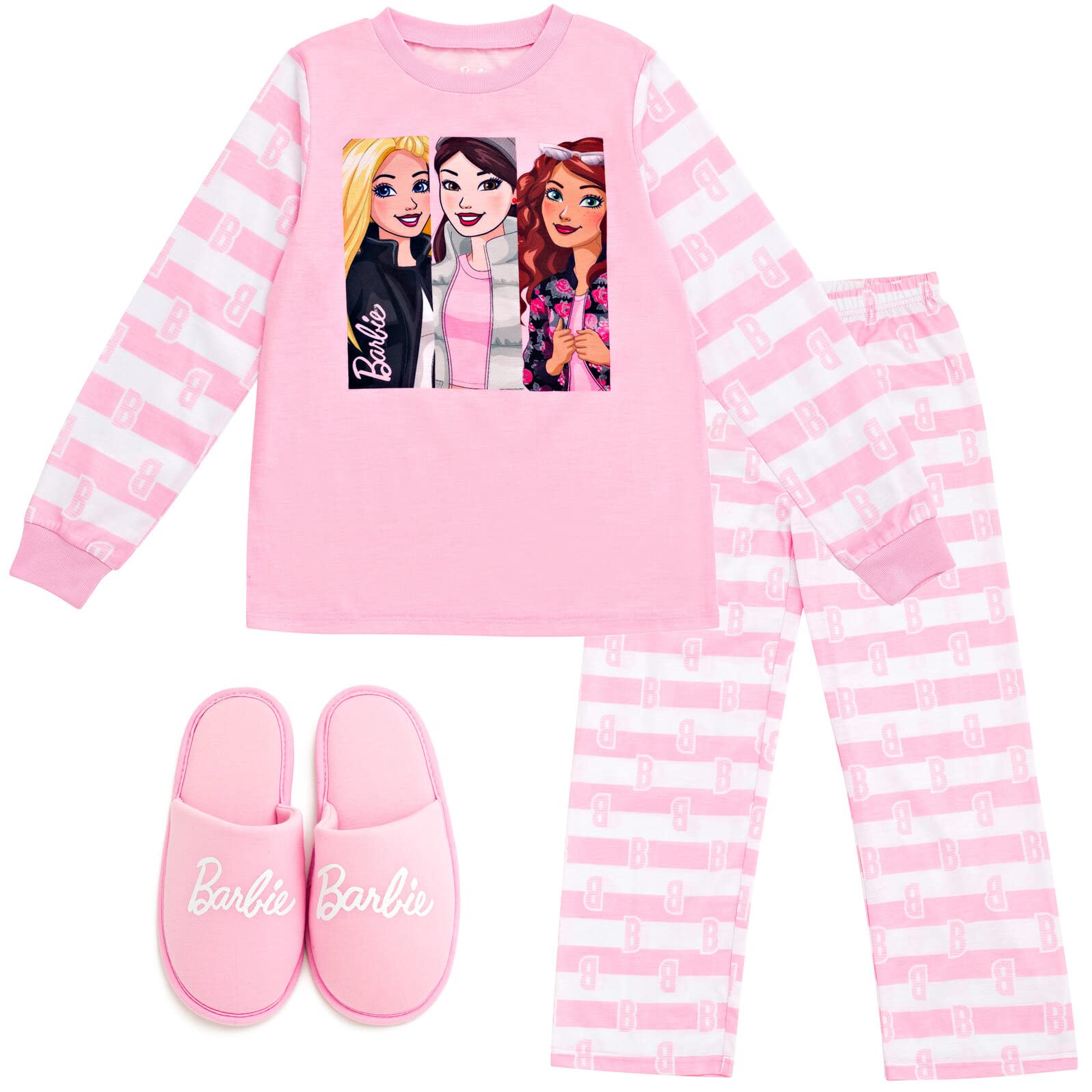 Barbie Little Girls Pajama Shirt Pants and Slippers 3 Piece Pink 7-8