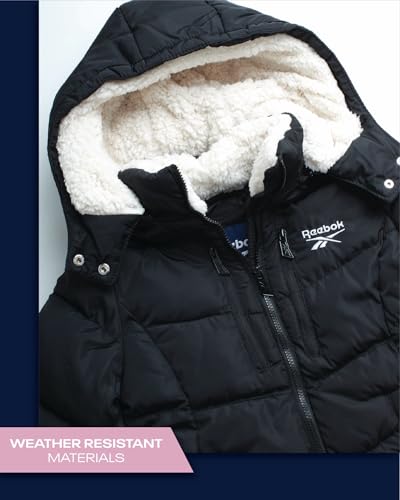 Reebok Girls Winter Jacket - Heavyweight Quilted Puffer Parka Coat - Weather Resistant Ski Jacket for Girls (4-12), Size 14-16, Black