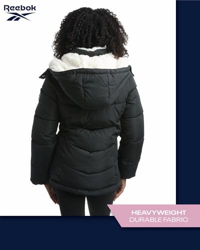 Reebok Girls Winter Jacket - Heavyweight Quilted Puffer Parka Coat - Weather Resistant Ski Jacket for Girls (4-12), Size 14-16, Black