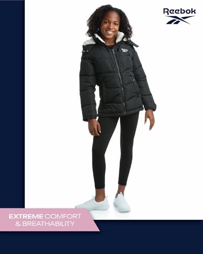 Reebok Girls Winter Jacket - Heavyweight Quilted Puffer Parka Coat - Weather Resistant Ski Jacket for Girls (4-12), Size 14-16, Black