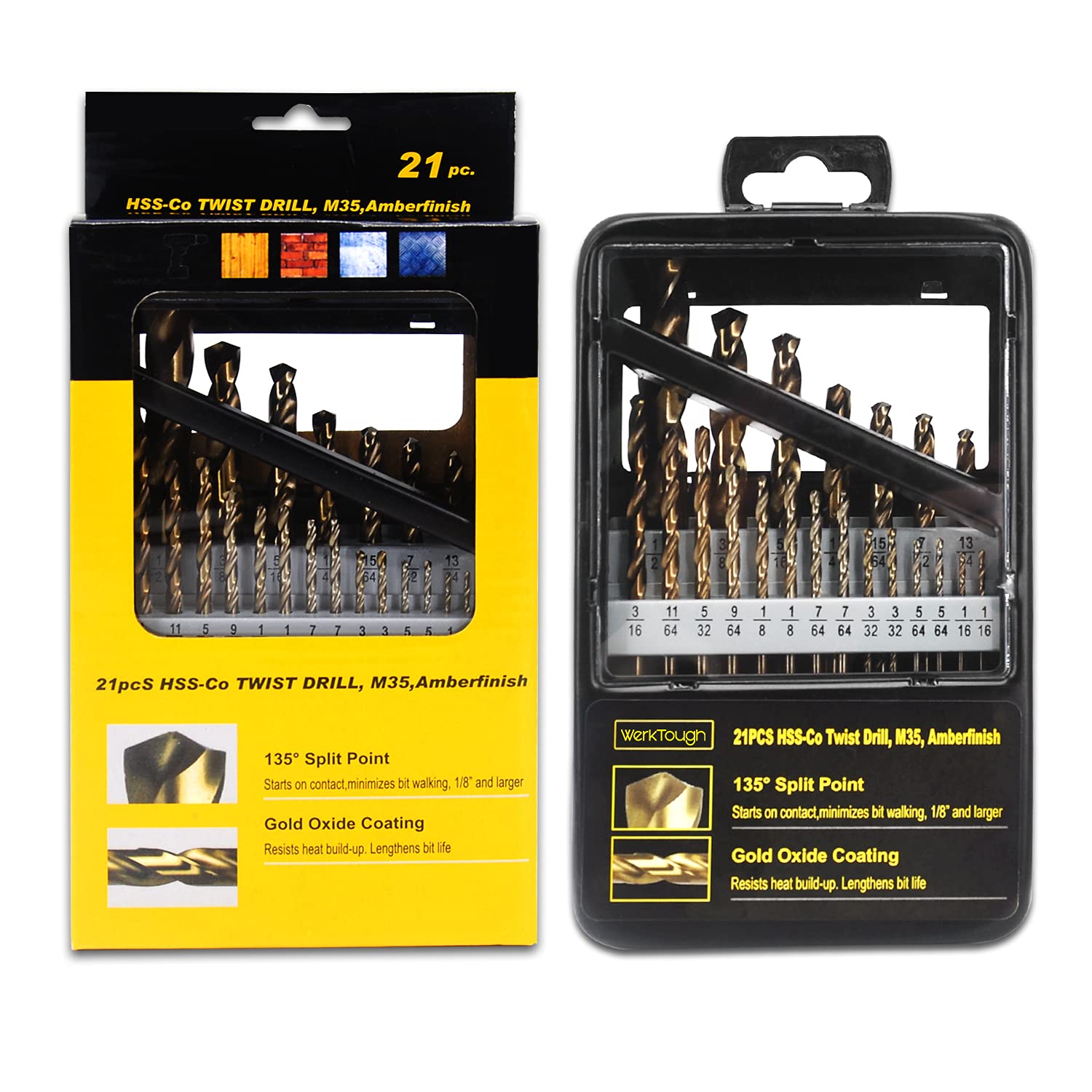 Powertough Titanium Drill Bit Set - 21-Piece M35 Co 5% High Speed Steel HSS for Steel Alloy and Other Hard Metals Fully Ground with 135°Split Point Drill Bits in Deluxe Metal Box E01014