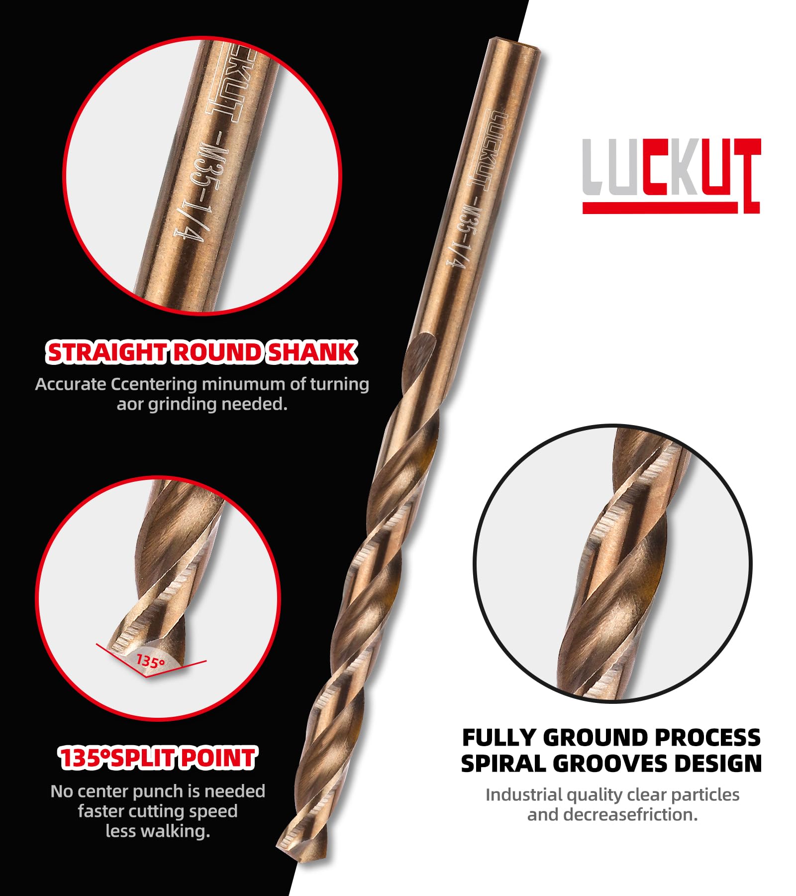 LUCKUT Cobalt Drill Bit Set- 13Pcs M35 High Speed Steel, Twist Jobber Length for Metal, Cast Iron and Wood Plastic with Metal Indexed Storage Case, 1/16"-1/4"