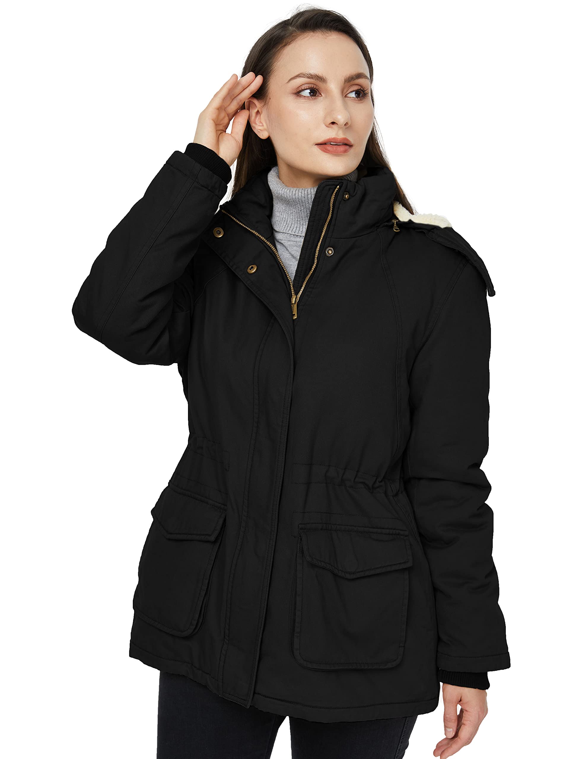 WenVen Women's Heavyweight Warm Winter Jacket with Removable Hood (Black, L)