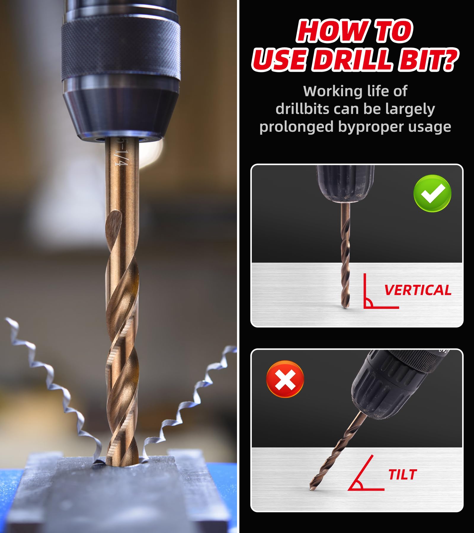 LUCKUT Cobalt Drill Bit Set- 13Pcs M35 High Speed Steel, Twist Jobber Length for Metal, Cast Iron and Wood Plastic with Metal Indexed Storage Case, 1/16"-1/4"