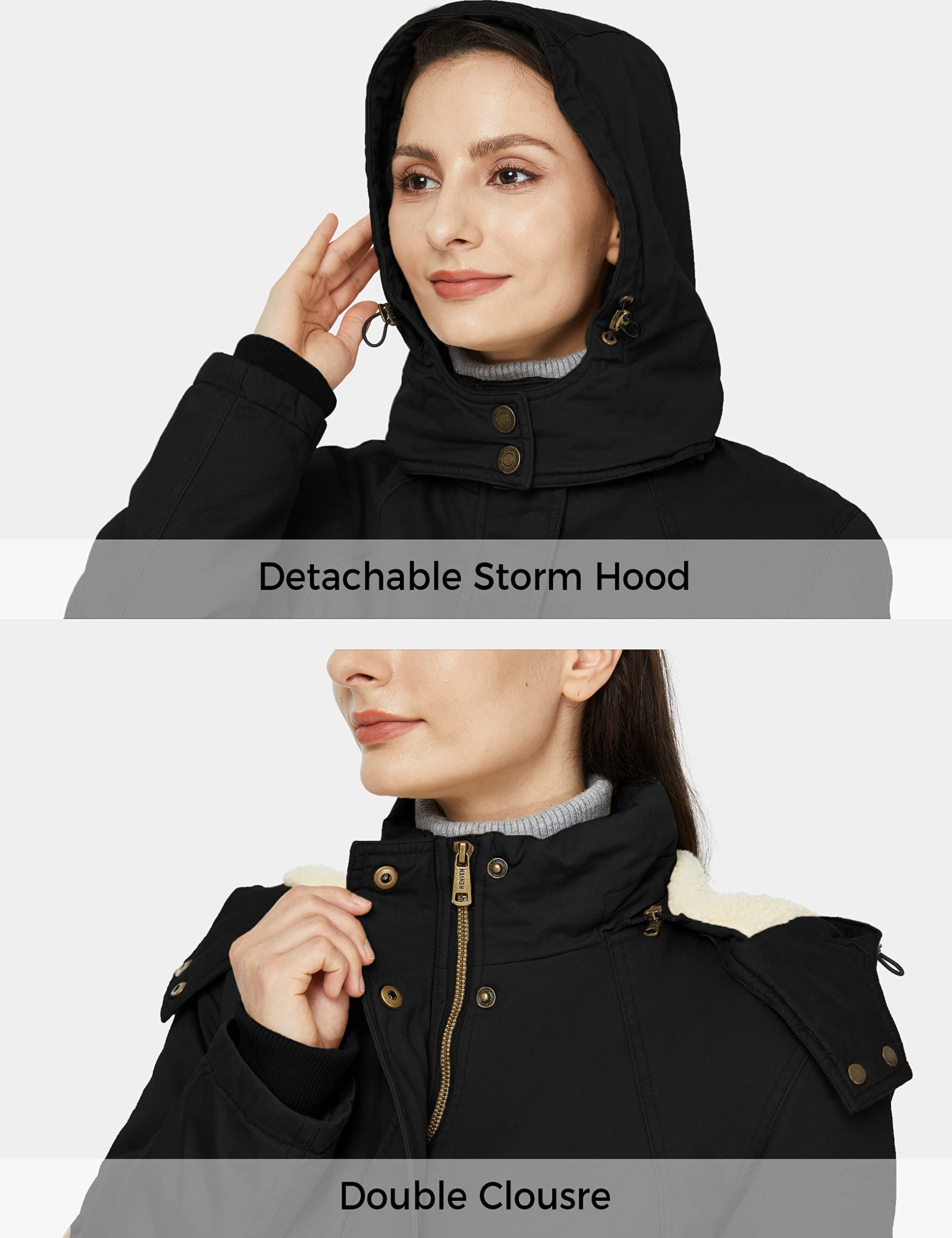 WenVen Women's Heavyweight Warm Winter Jacket with Removable Hood (Black, L)