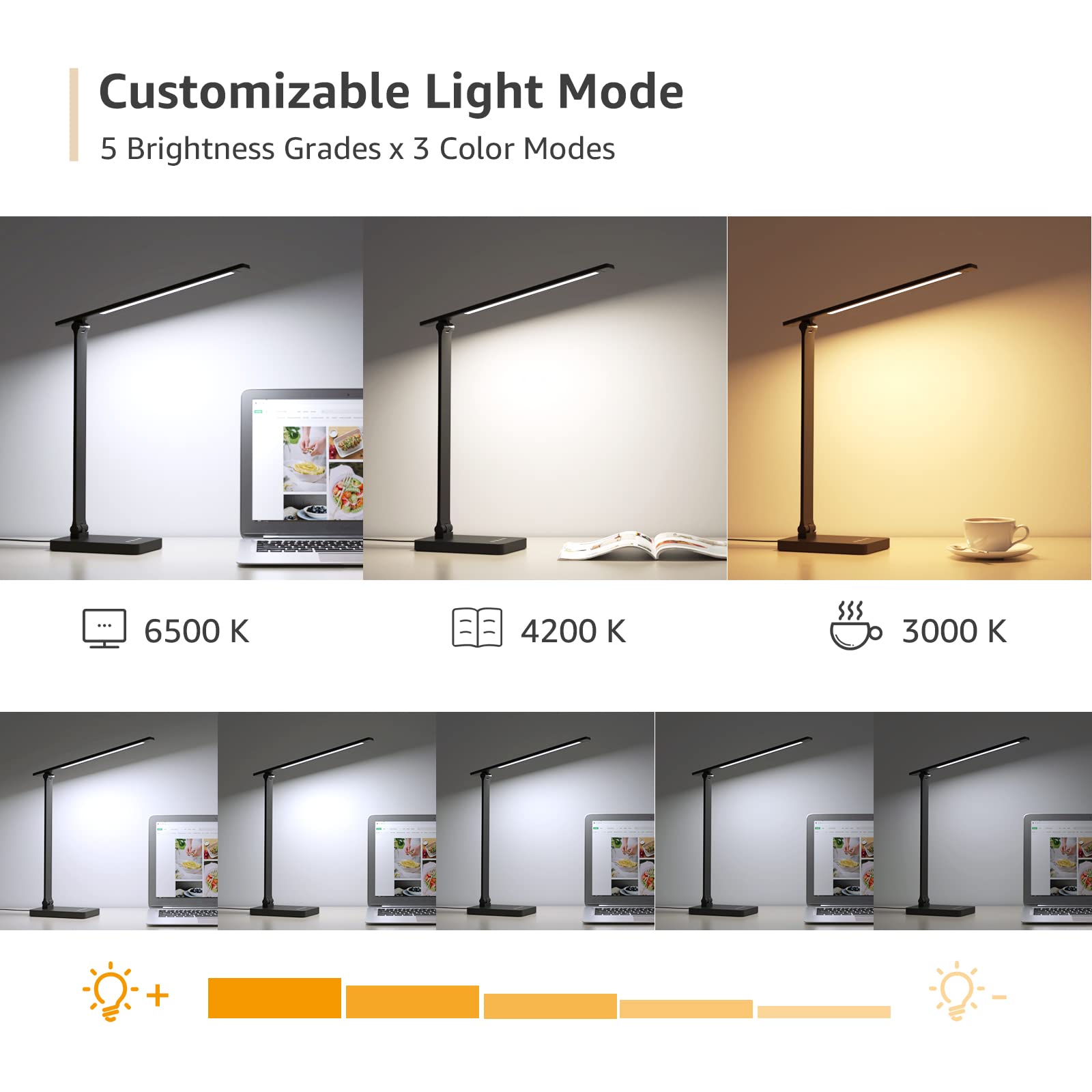 Lepro LED Desk Lamp with USB Charging Port Dimmable Home Office Touch Control Reading Table Lamp,3 Color Modes with 5 Brightness Level,College Dorm Room Essentials, Eye Caring, Sewing, Crafting, Black