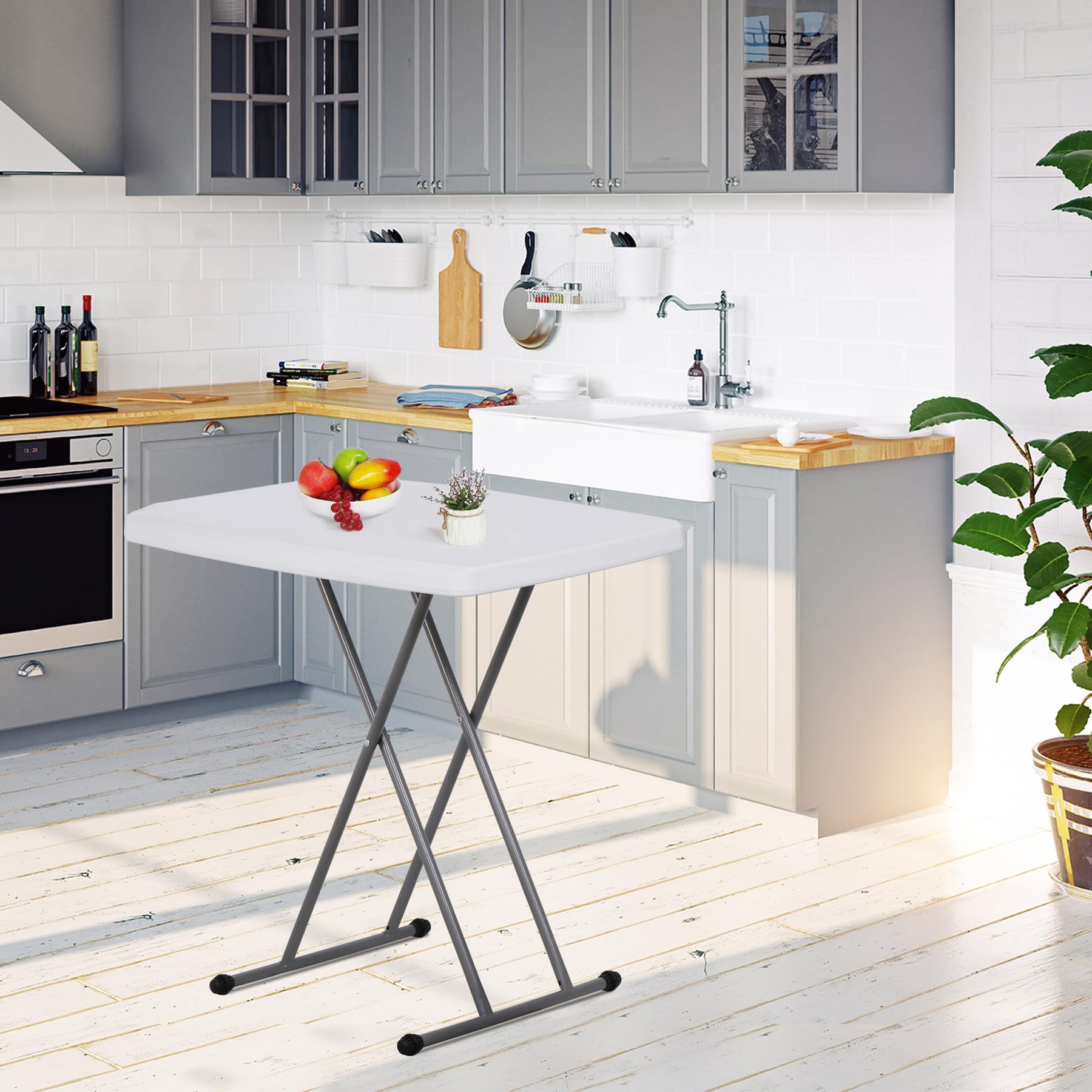SUPER DEAL 2.5 Foot Plastic Folding Table, Indoor Outdoor Portable Heavy Duty Adjustable Height Kitchen or Camping Barbecues Picnic Party Table, White