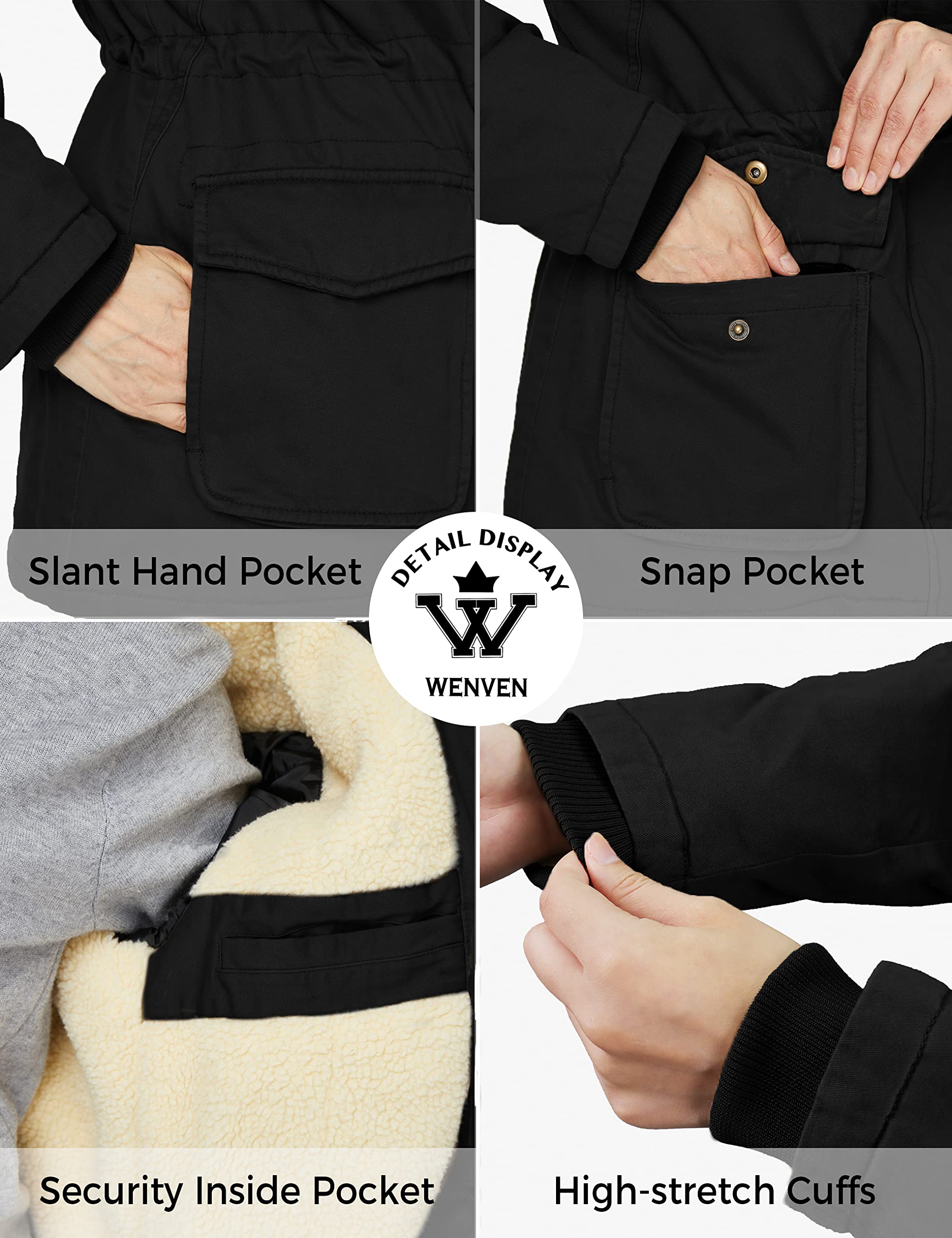 WenVen Women's Heavyweight Warm Winter Jacket with Removable Hood (Black, L)