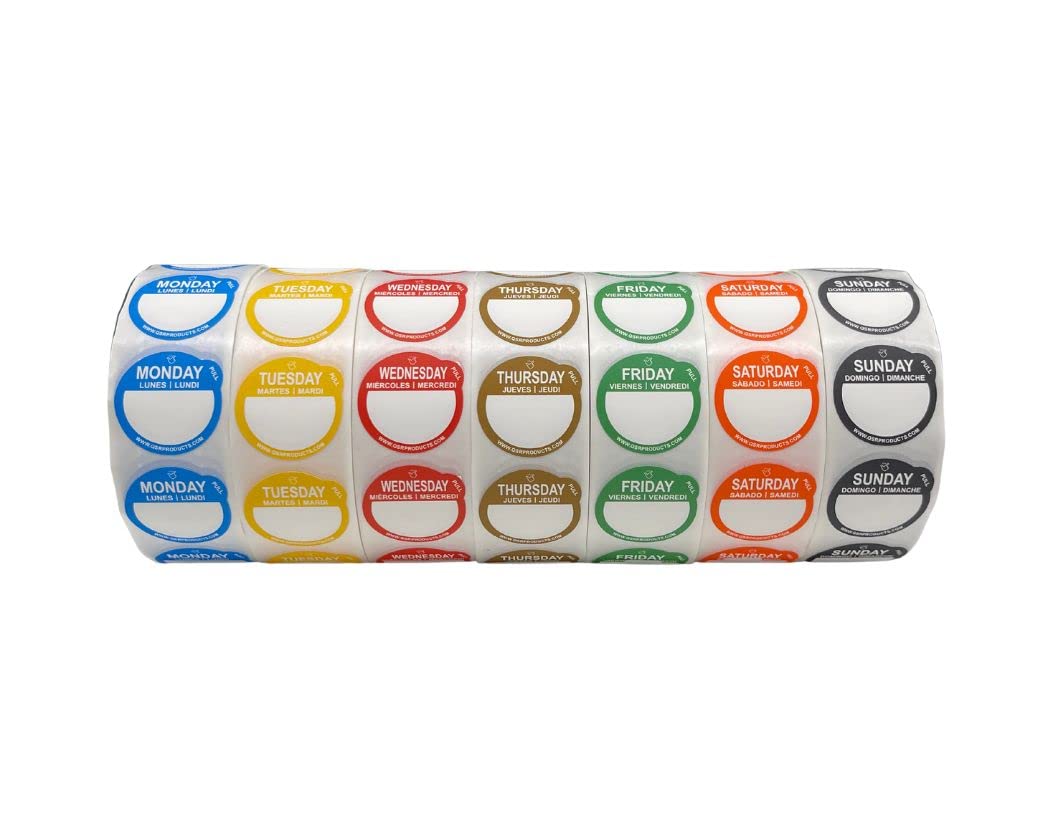 QSRProducts Removable Day Label - 1 inch - Peel Tab - Week (Mon-Sun) (7000 Stickers) - Food and Restaurant Day Dots - FIFO - Inventory Management Labels - Meal Prep Stickers - Gift Tags