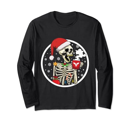 Skeleton Drinking Chocolate Winter December Christmas Long Sleeve T-Shirt