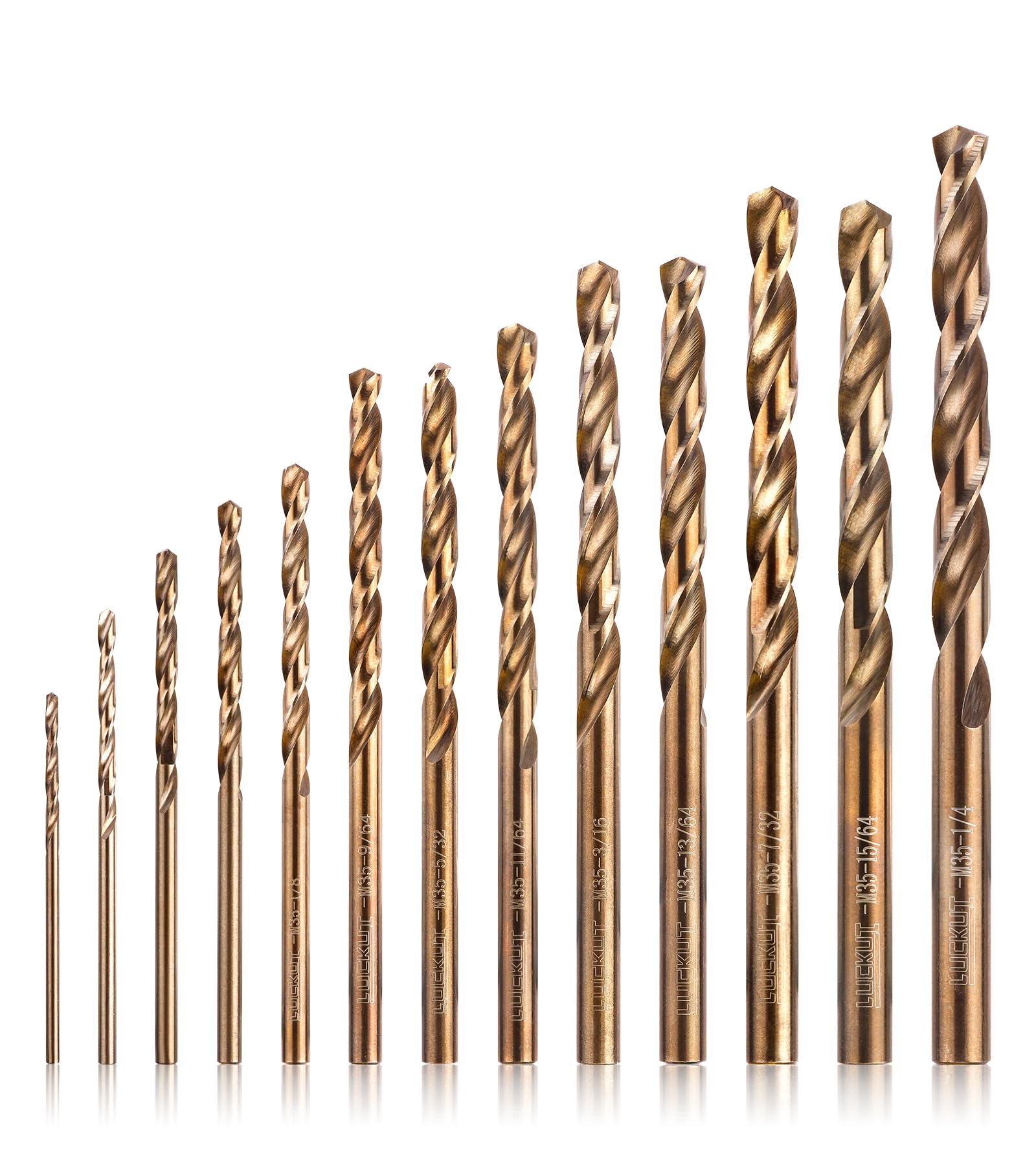 LUCKUT Cobalt Drill Bit Set- 13Pcs M35 High Speed Steel, Twist Jobber Length for Metal, Cast Iron and Wood Plastic with Metal Indexed Storage Case, 1/16"-1/4"