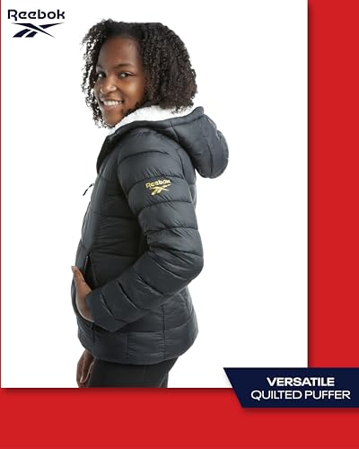Reebok Girls' Winter Jacket - Heavyweight Quilted Puffer Parka Coat - Sherpa Lined Ski Jacket for Girls (4-16), Size 7-8, Black