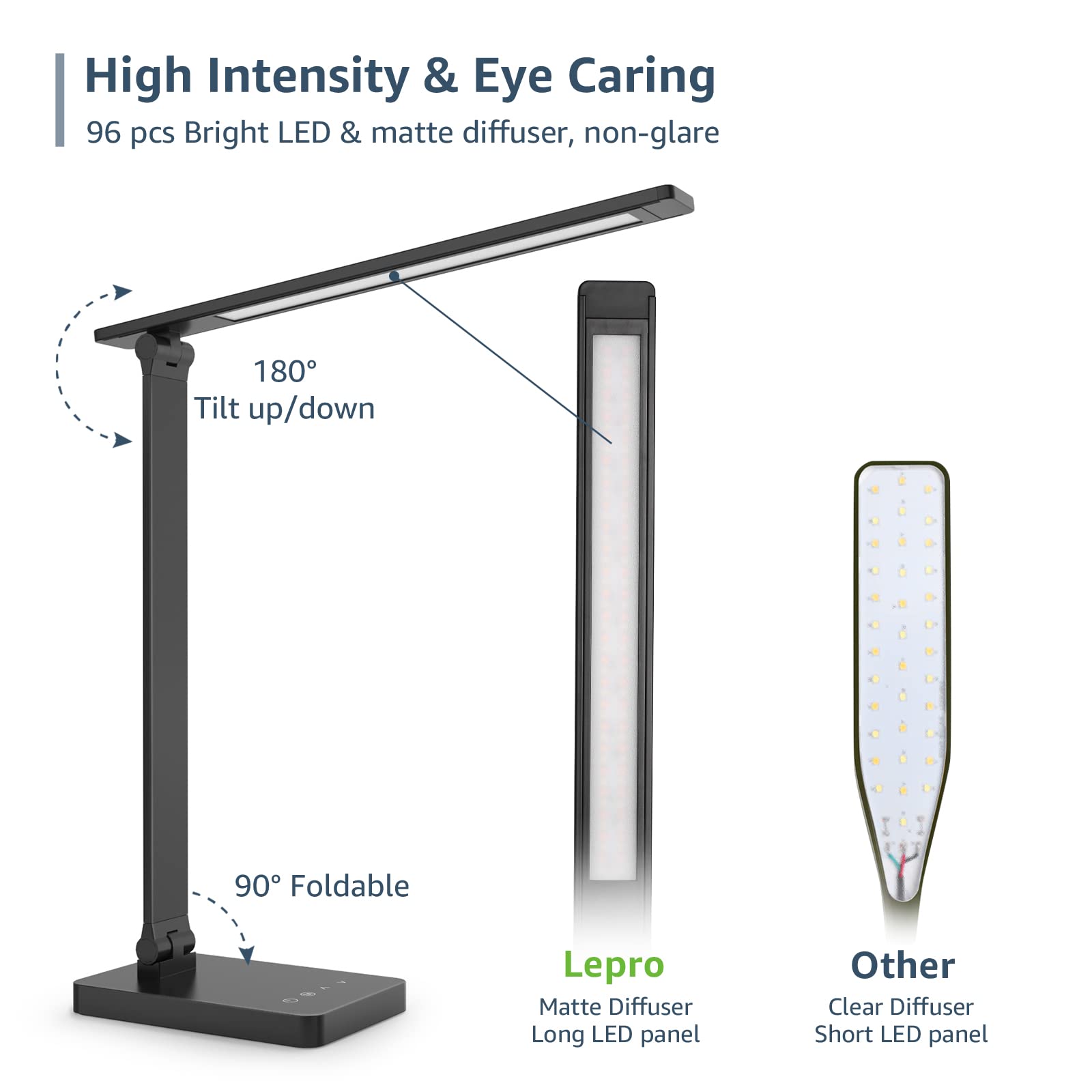 Lepro LED Desk Lamp with USB Charging Port Dimmable Home Office Touch Control Reading Table Lamp,3 Color Modes with 5 Brightness Level,College Dorm Room Essentials, Eye Caring, Sewing, Crafting, Black