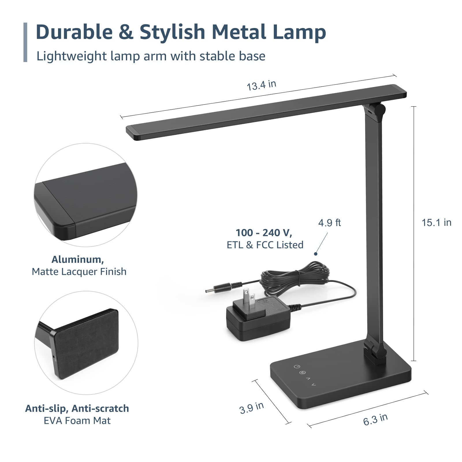 Lepro LED Desk Lamp with USB Charging Port Dimmable Home Office Touch Control Reading Table Lamp,3 Color Modes with 5 Brightness Level,College Dorm Room Essentials, Eye Caring, Sewing, Crafting, Black