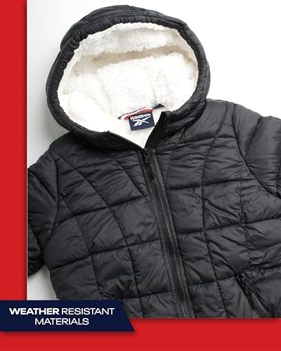 Reebok Girls' Winter Jacket - Heavyweight Quilted Puffer Parka Coat - Sherpa Lined Ski Jacket for Girls (4-16), Size 7-8, Black