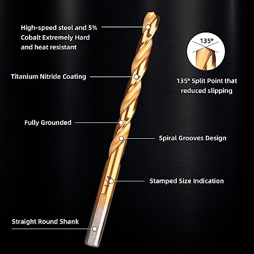 Titanium Drill Bit Set, HSS Twist Drill Bits, Quick Change Drill Bits Set Straight Shank, 135 Degree Metal Drill for General Purpose, 1/16"-1/2" by 11/64" 13 Piece Kit with Storage Case