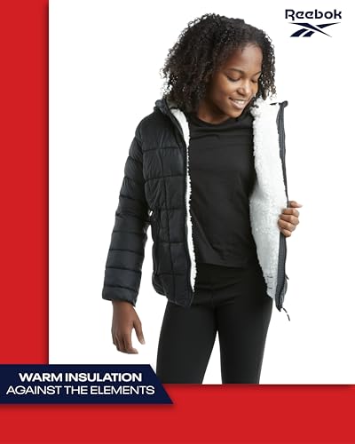 Reebok Girls' Winter Jacket - Heavyweight Quilted Puffer Parka Coat - Sherpa Lined Ski Jacket for Girls (4-16), Size 7-8, Black