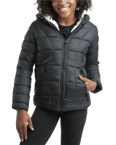 Reebok Girls' Winter Jacket - Heavyweight Quilted Puffer Parka Coat - Sherpa Lined Ski Jacket for Girls (4-16), Size 7-8, Black