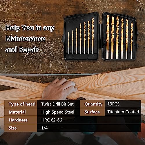 Titanium Drill Bit Set, HSS Twist Drill Bits, Quick Change Drill Bits Set Straight Shank, 135 Degree Metal Drill for General Purpose, 1/16"-1/2" by 11/64" 13 Piece Kit with Storage Case