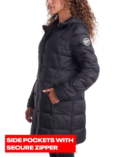 Reebok Women's Winter Jacket - Long Length Quilted Puffer Parka - Heavyweight Outerwear Coat for Women (S-XL), Size Medium, Black