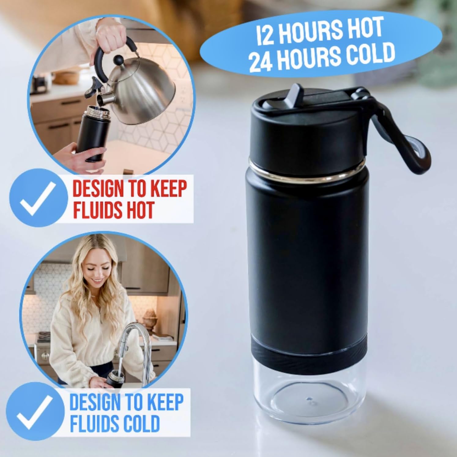 Newage Water Bottle Storage (Blue) 12oz (Stainless Steel, Straw Lid, Leak-Proof, Extra Compartment, Insulated, Powder Coated, Durable Carry Handle) Men, Women, & Kids