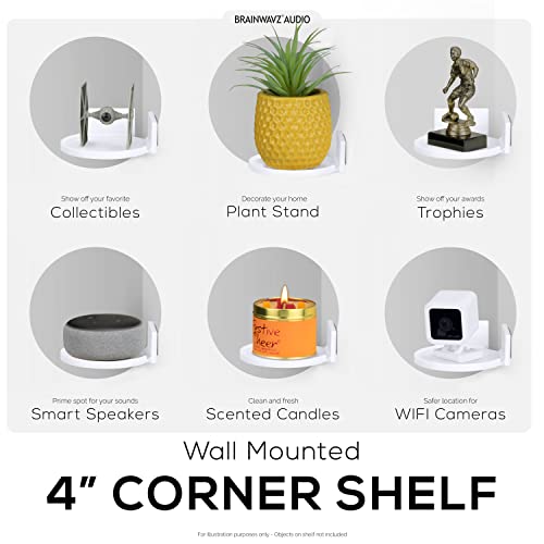 BRAINWAVZ 4β Small Floating Shelf, Adhesive & Screw in, for Bluetooth Speakers, Cameras, Plants, Toys, Books & More, Easy to Install Shelves Wall Mount (White)