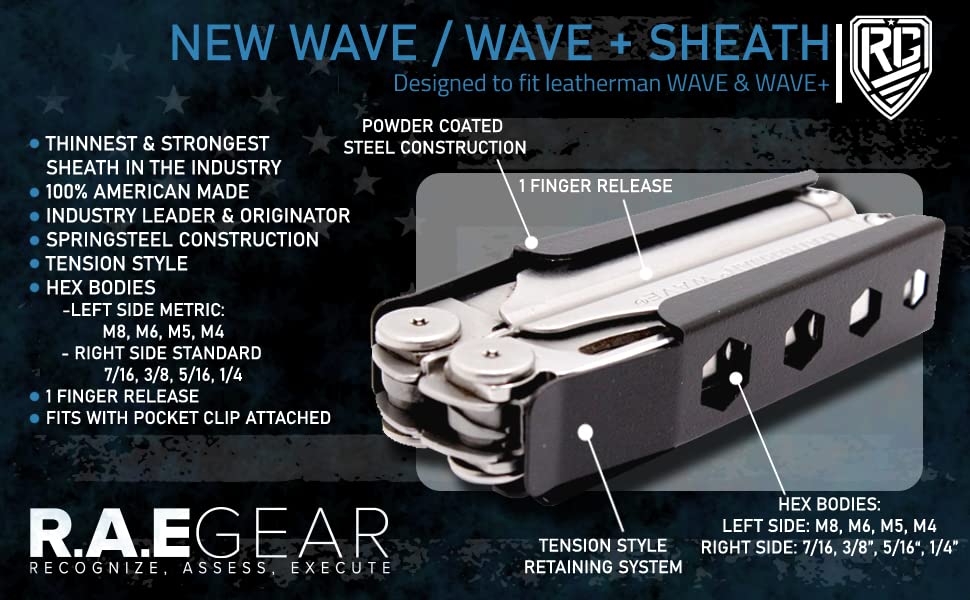 WAVE PLUS/NEW WAVE Sheath Compatible with Leatherman Multitools Made in The USA made of spring steel (TOOL NOT INCLUDED) (2.25" BELT CLIP)
