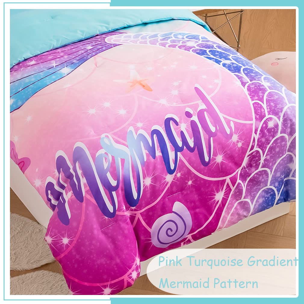 ZRNBAST Toddler Bedding Sets for Girls 4 Pcs Mermaid Tail Toddler Comforter Set Pink Turquoise Gradient Rainbow Colorful Toddler Bedding for Girl Bed, Pink Blue Fish Scale
