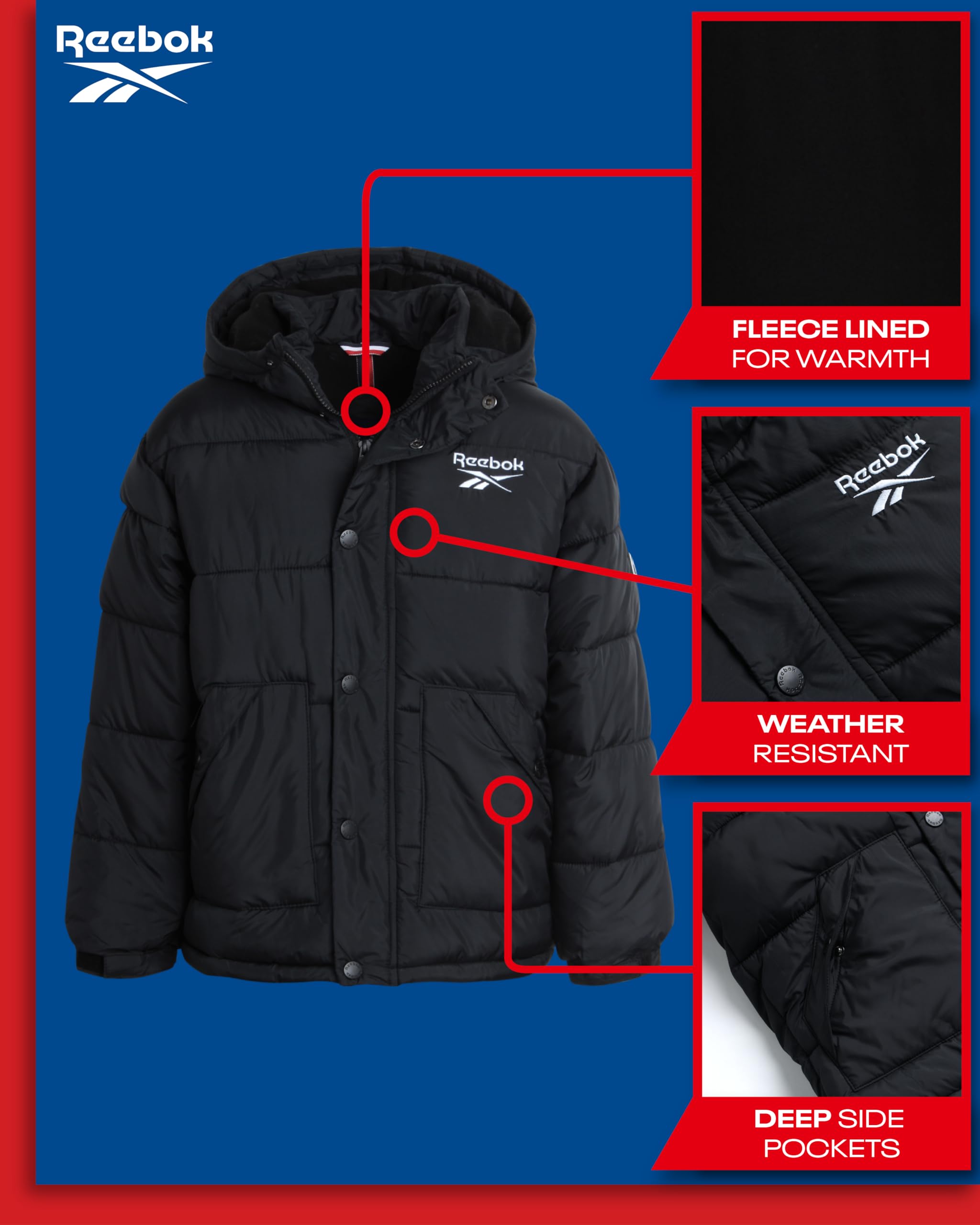 Reebok Boys' Winter Coat - Heavyweight Quilted Puffer Snow Parka - Weather Resistant Ski Jacket for Boys (8-20), Size 14-16, Premium Black
